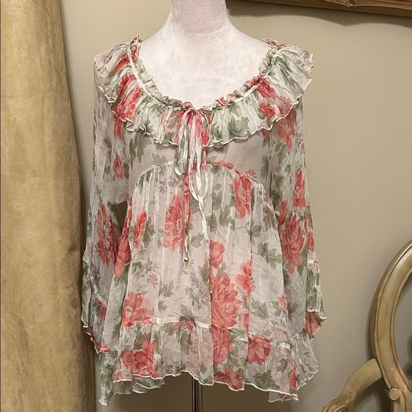 Jade Johnny Was | Tops | Jade Johnny Was Silk Floral Ruffle Peasant ...